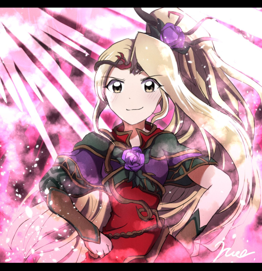 Safebooru - 1girl blonde hair brown eyes dress flower hair flower hair ornament hands on own ...