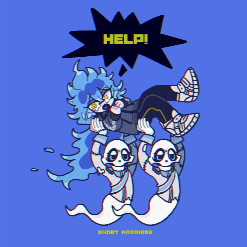 Safebooru - 3boys blue background blue hair blue theme carrying carrying person commentary ...