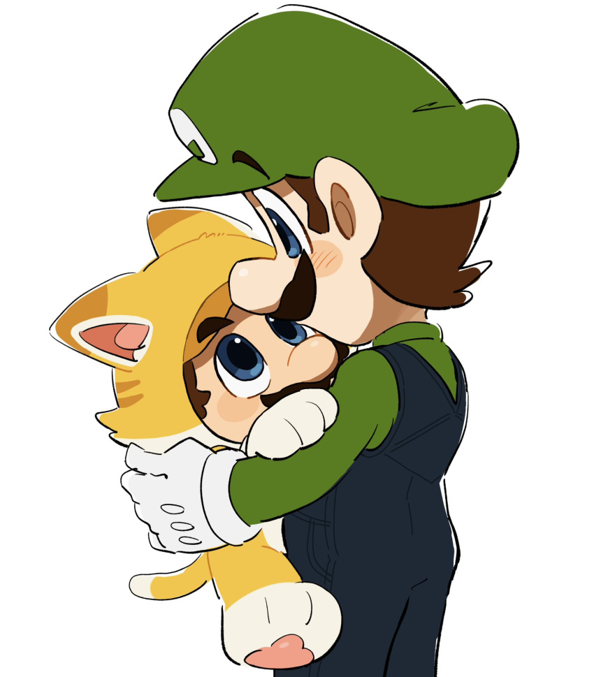 Safebooru - 2boys blue eyes blue overalls brown hair cat mario facial ...
