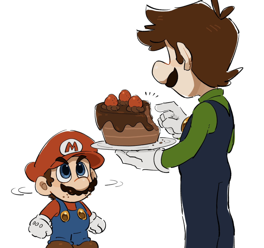 Safebooru 2boys Blue Eyes Blue Overalls Brown Hair Cake Facial Hair 5620