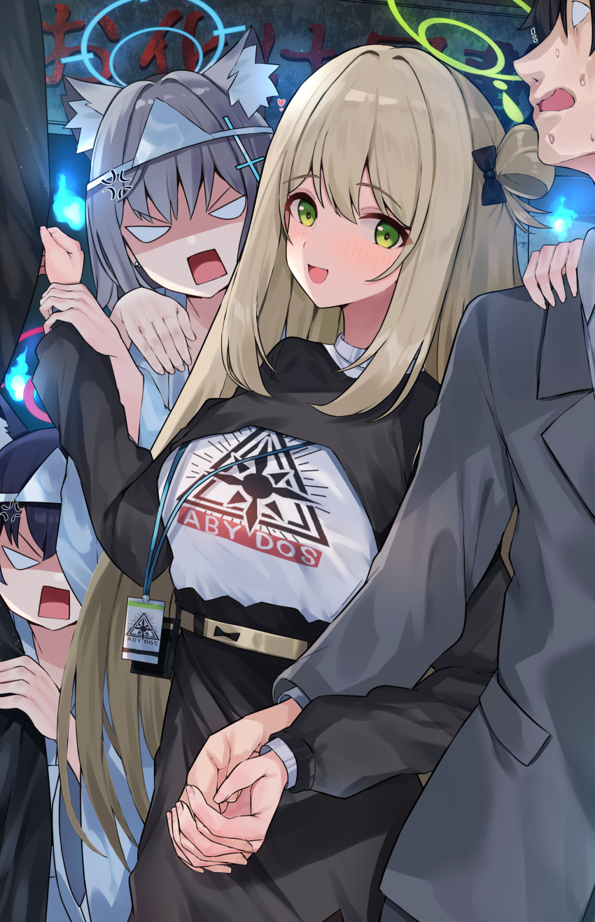 Safebooru - 1boy 3girls absurdres anger vein angry animal ears blue archive blue halo blush ...