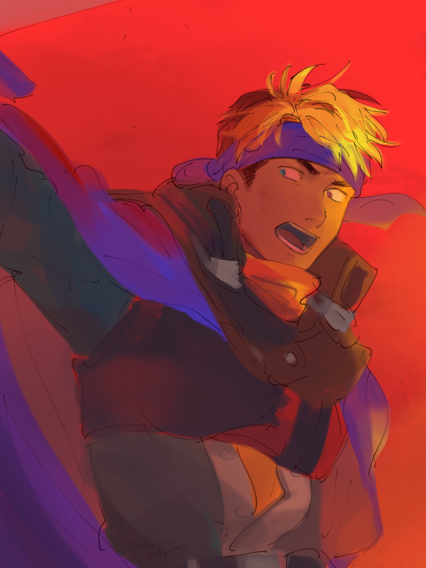 Safebooru - 1boy alternate eye color arm up armor blue cape blue eyes blue headband blue shirt ...