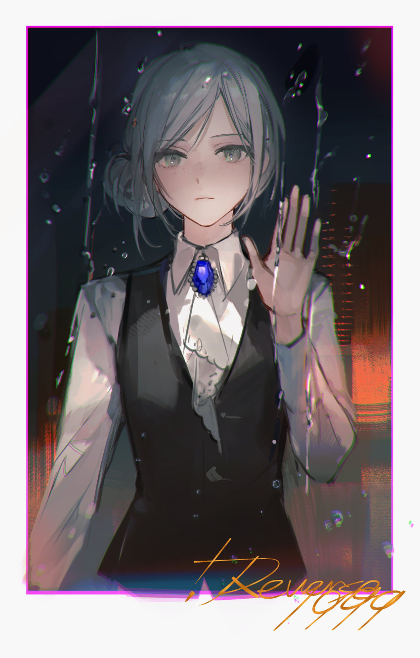 Safebooru - 1girl absurdres against glass ascot black vest blue brooch border closed mouth ...