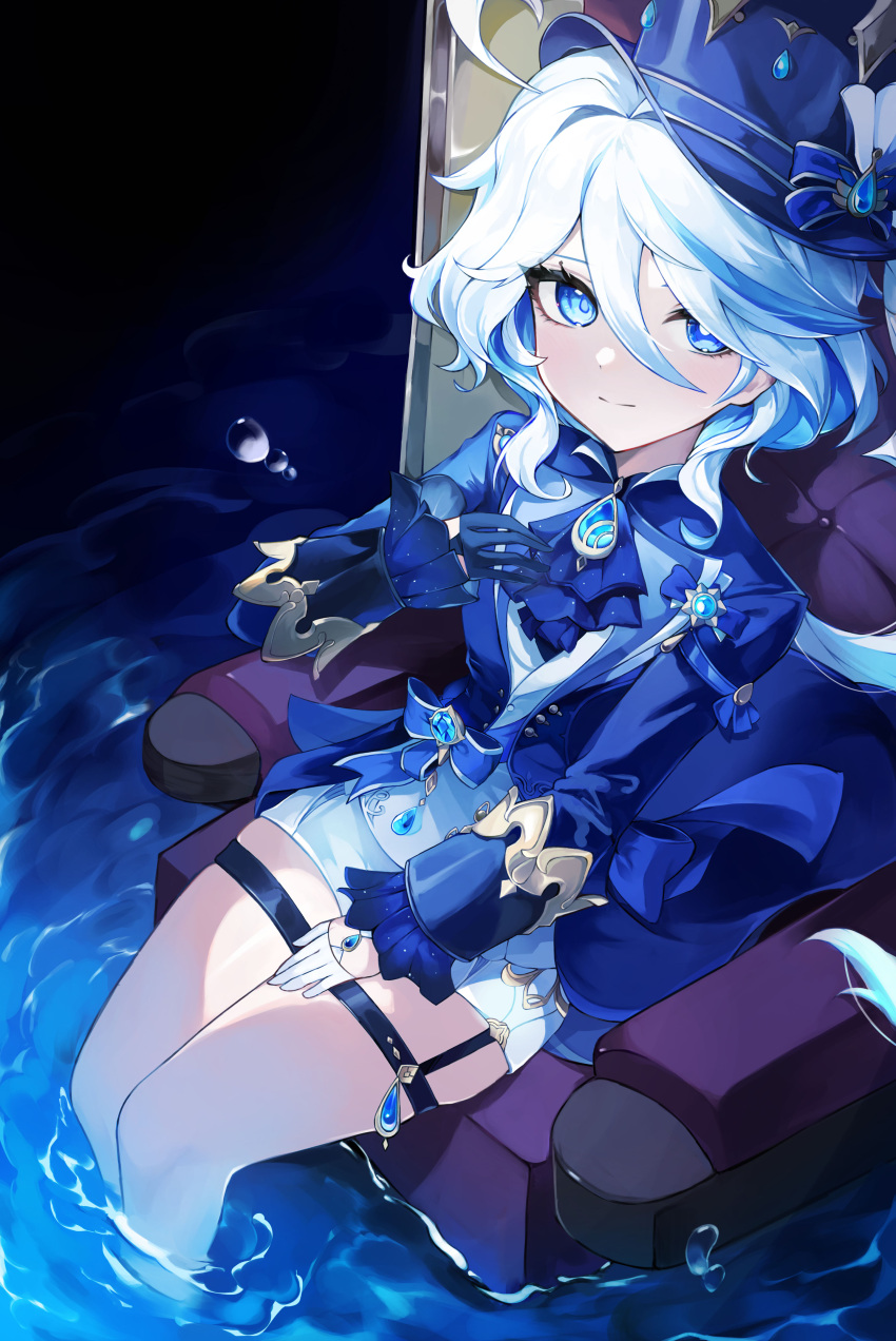 Safebooru - 1girl absurdres ahoge ascot asymmetrical gloves black gloves blue ascot blue eyes ...