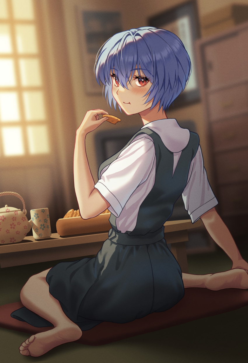 Safebooru - 1girl absurdres ayanami rei barefoot blue hair blue skirt blurry blurry background ...