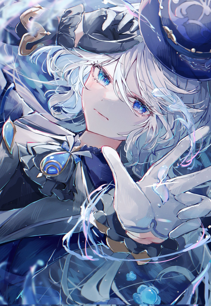 Safebooru - 1girl asymmetrical gloves black gloves blue eyes blue gemstone blue hair blue hat ...
