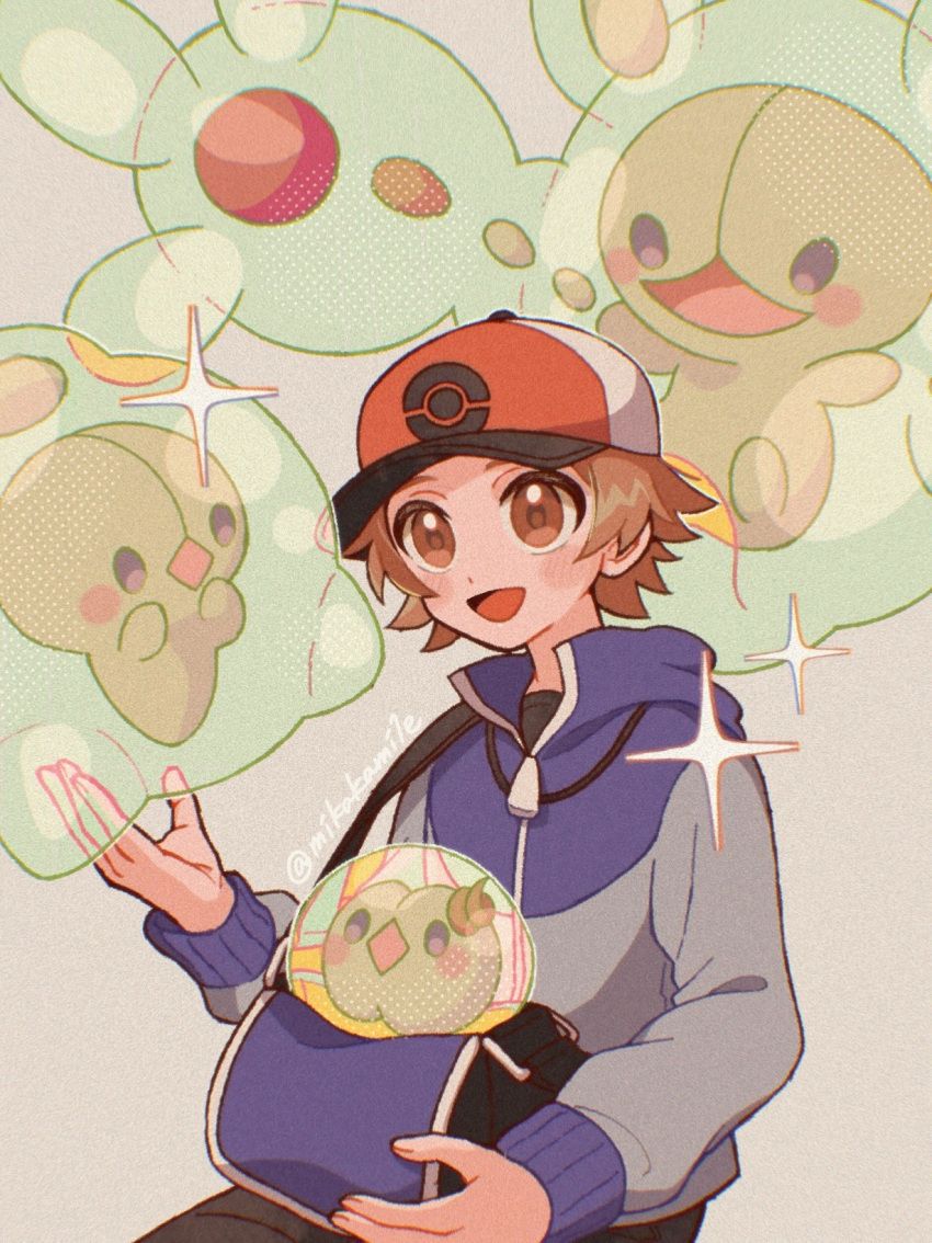 Safebooru - 1boy :d bag baseball cap blue bag blue jacket blush blush ...
