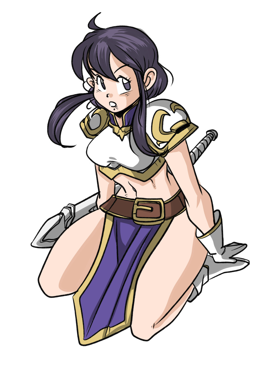 Safebooru - 1girl absurdres arm support armor bare legs belt black hair boots breastplate ...