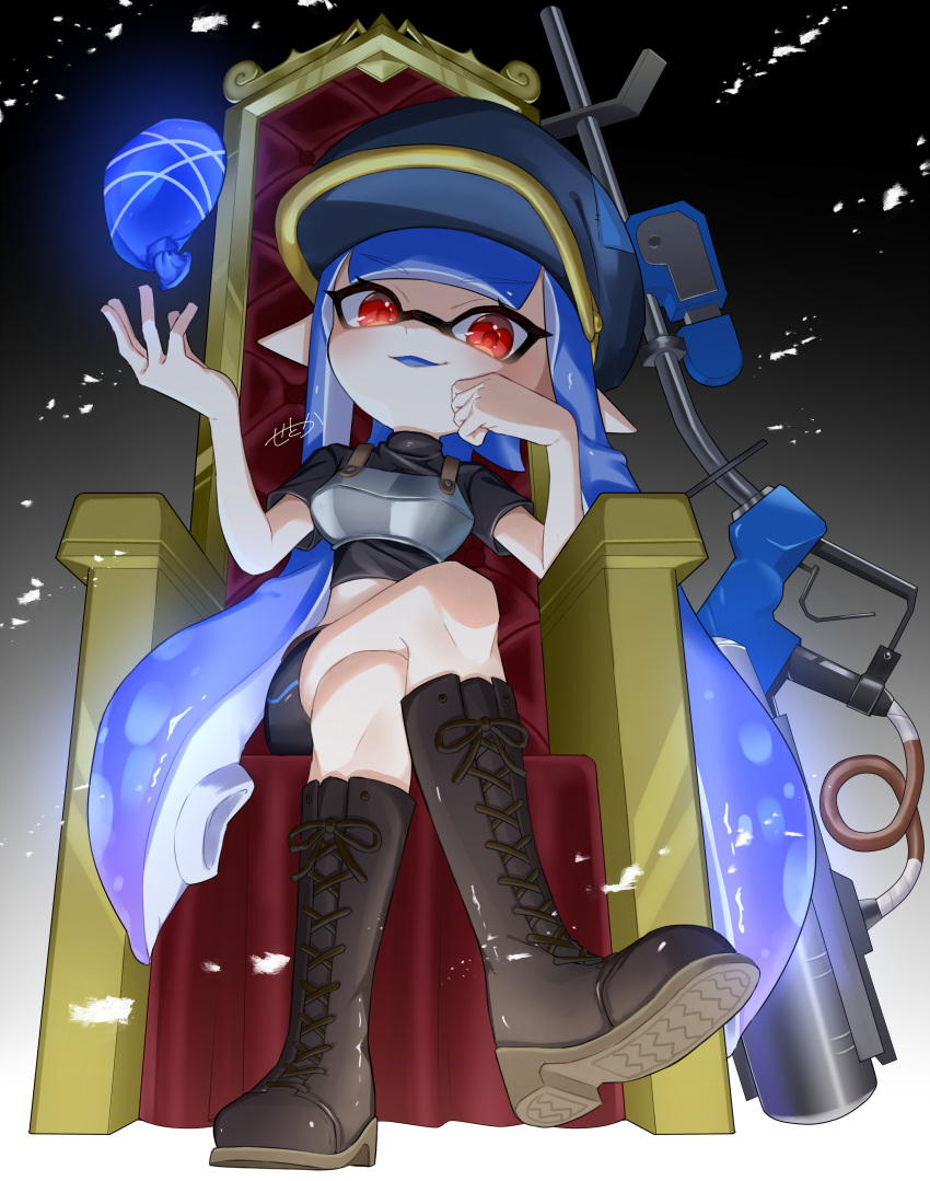 Safebooru - 1girl absurdres amakusa setoka black background blue hair boots brown footwear burst ...