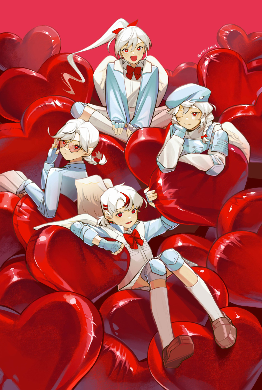 Safebooru - 4girls absurdres adjusting eyewear angel wings beret blue jacket bow bowtie braid ...