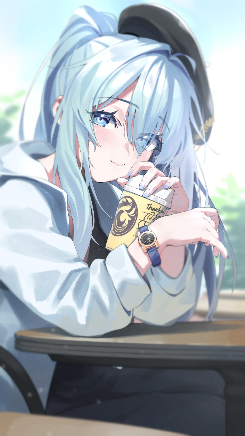 Safebooru - 1girl absurdres beret black hat blue eyes blue hair blurry blurry background blush ...