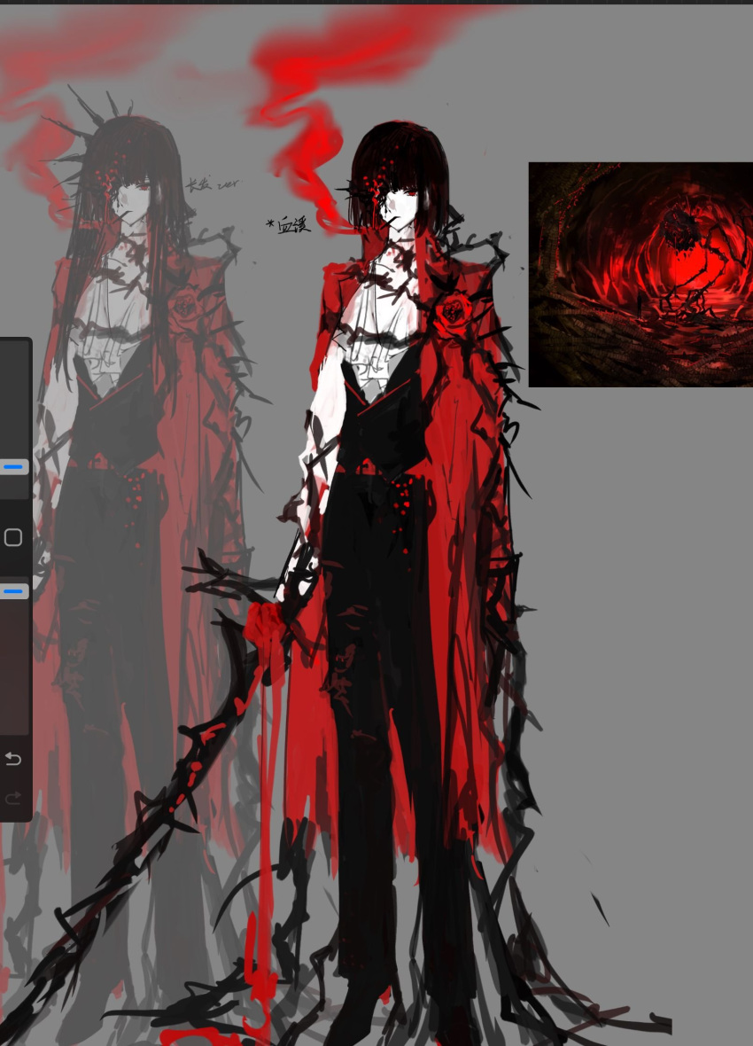 Safebooru - 1girl black hair cigarette coat colored smoke flower grey background highres limbus ...