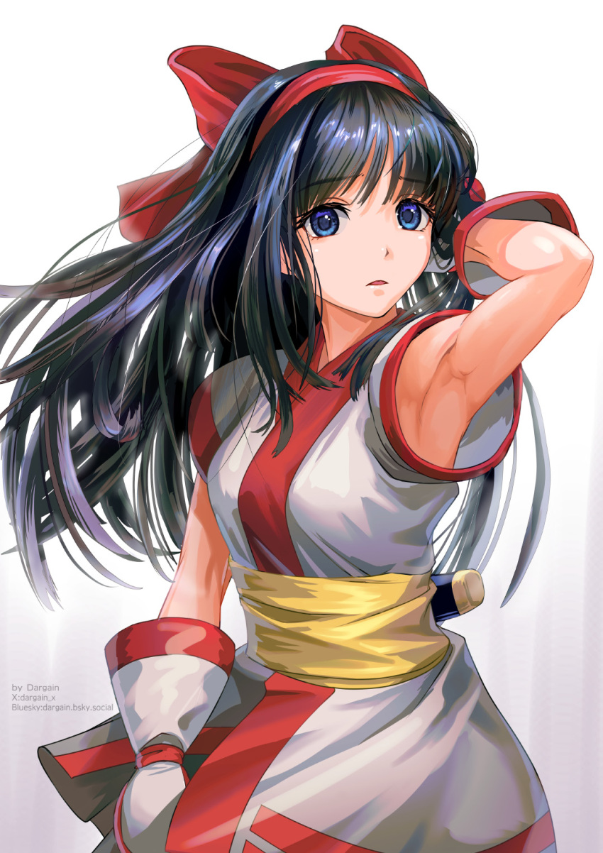 Safebooru - 1girl arm behind head armpits artist name black hair blue eyes bluesky username bow ...