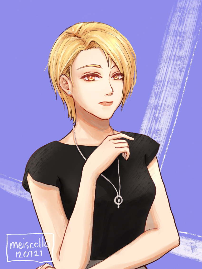 Safebooru - 1girl absurdres black shirt blonde hair closed mouth dated highres jewelry meiscella ...
