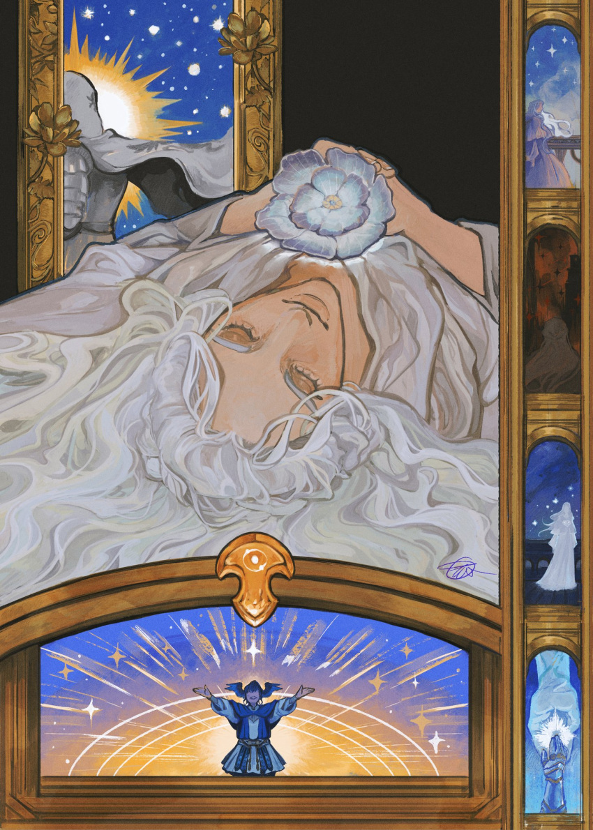 Safebooru - 1boy 2girls adventurer (ff14) blue hair closed eyes column ...