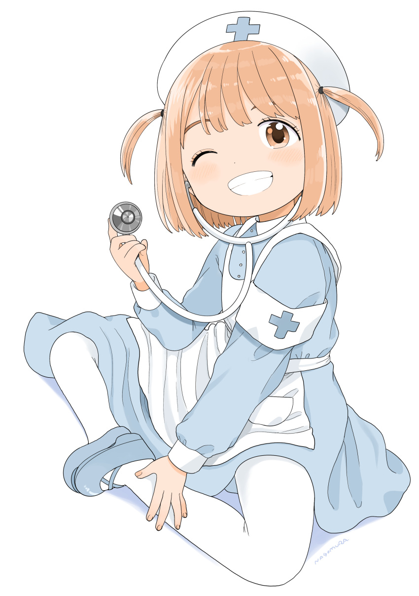 Safebooru - 1girl absurdres apron armband artist name blue dress blue footwear butterfly sitting ...