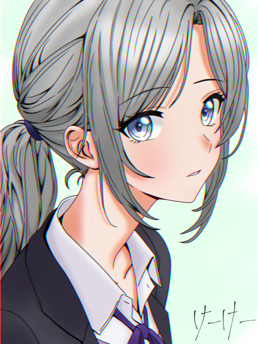 Safebooru - 1girl absurdres blue background blue eyes chromatic aberration collared shirt ...