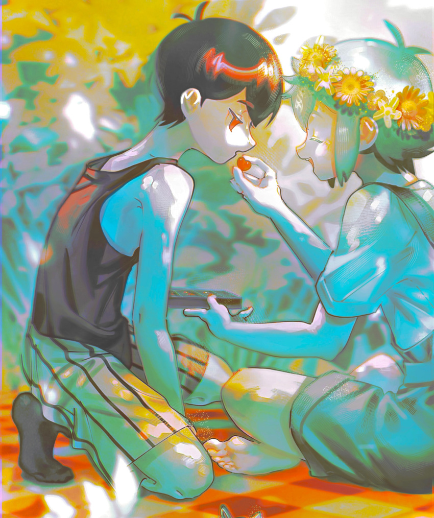 Safebooru - 2boys alternate eye color barefoot basil (headspace) (omori) basil (omori) black ...