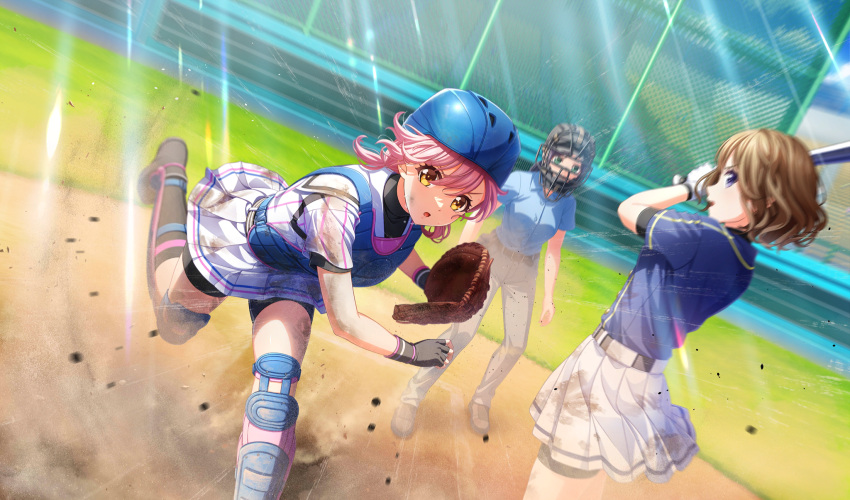 Safebooru - 3girls baseball baseball bat baseball mitt baseball stadium baseball uniform belt ...