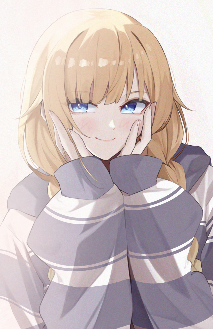 Safebooru - 1girl aizawa ema blonde hair blue eyes blush braid closed mouth grey sweater hands ...