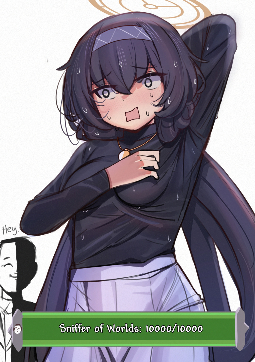 Safebooru - 1girl absurdres achievement unlocked arm up armpits bags under eyes black hair black ...