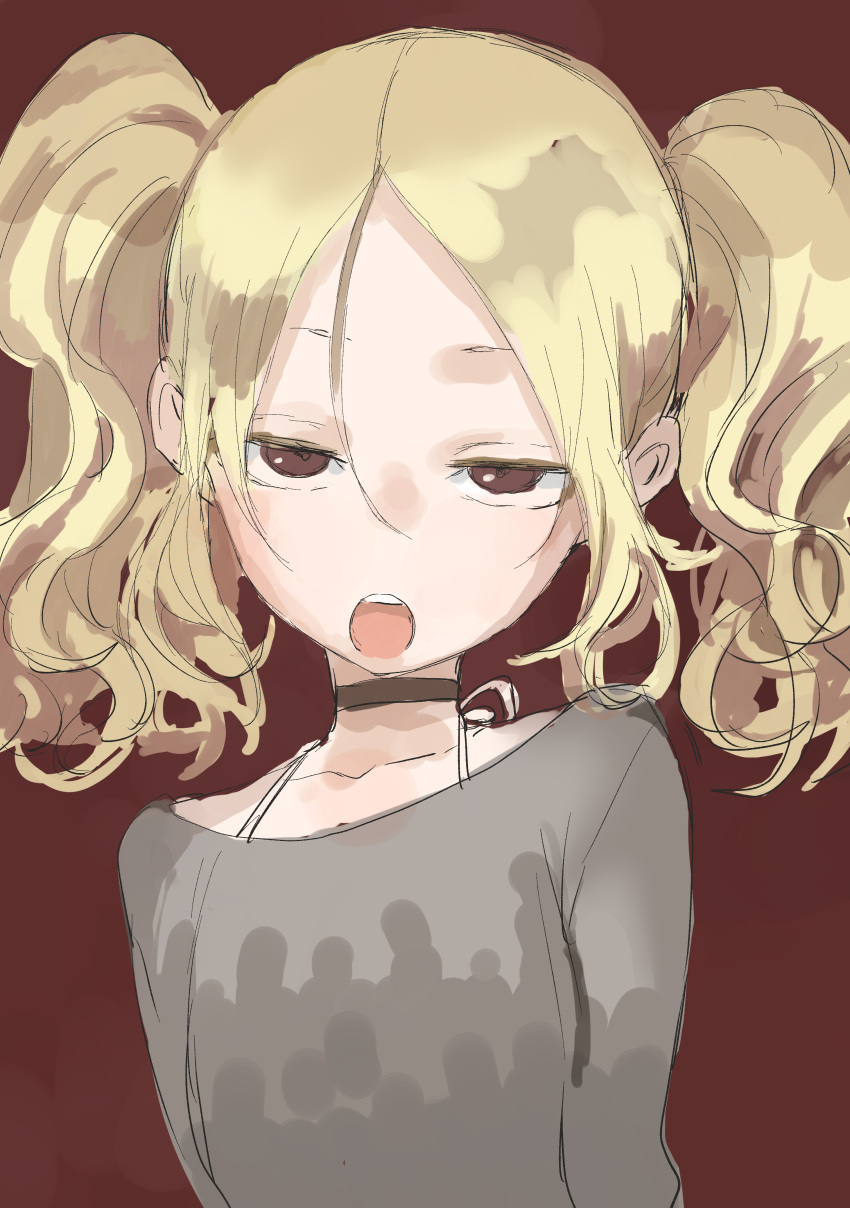 Safebooru - 1girl :o absurdres bangs black choker blonde hair brown background choker collarbone ...