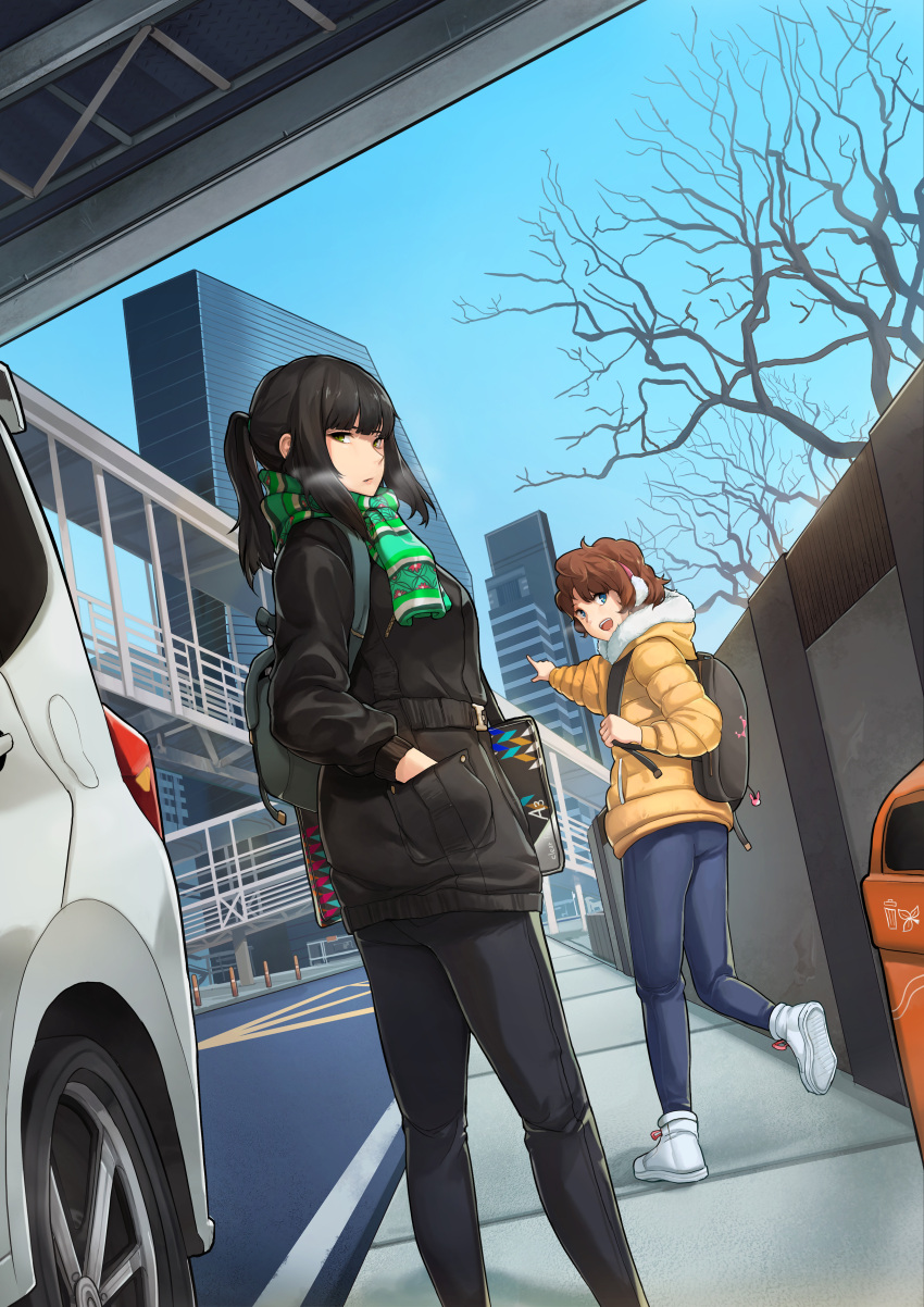 Safebooru - 2girls absurdres backpack bag bare tree black bag black hair black jacket branch ...