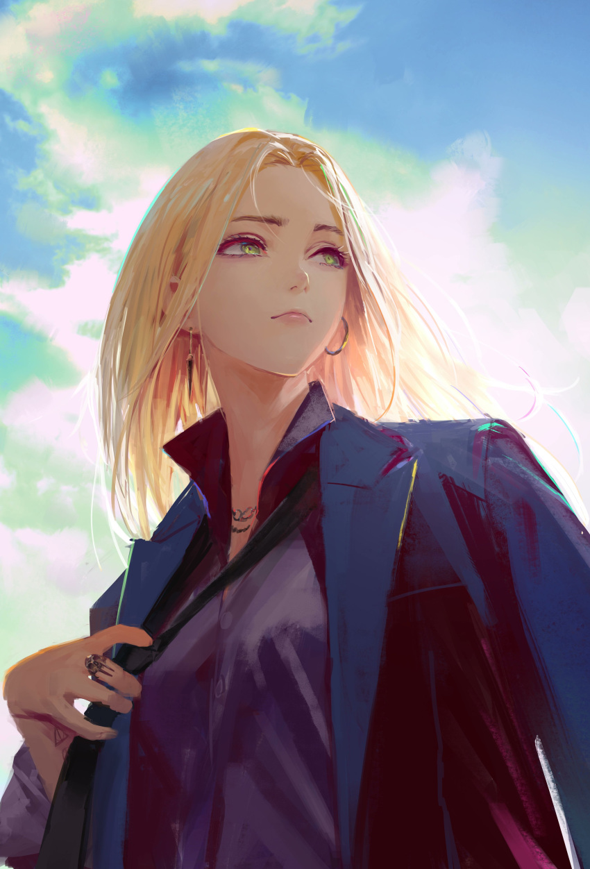 Safebooru - 1girl absurdres black jacket black shirt black suit blonde hair closed mouth clouds ...