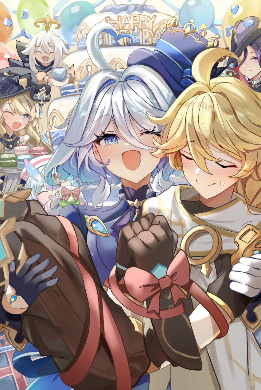 Safebooru - 1boy 5girls absurdres aether (genshin impact) balloon bimmy birthday cake cake ...