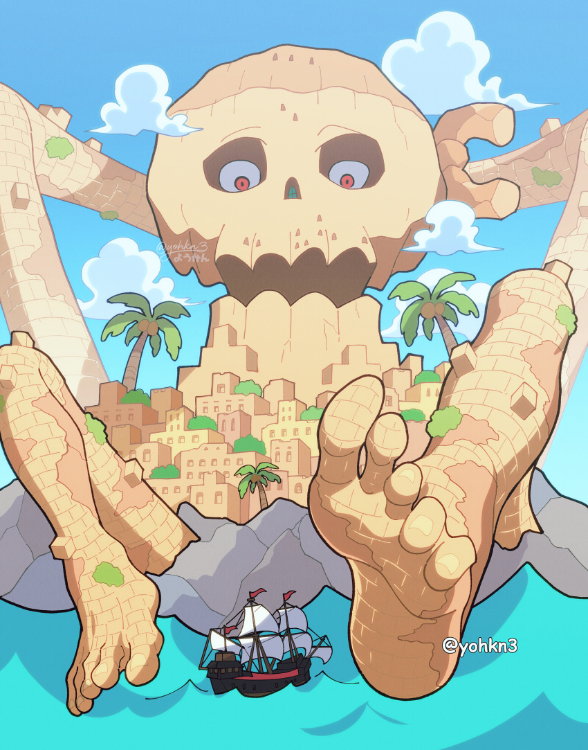 Safebooru - 1boy arms behind head avalo pizarro barefoot blue sky building clouds cloudy sky ...
