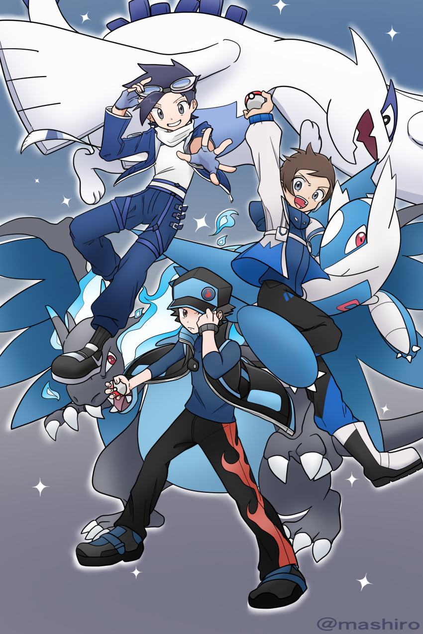 Safebooru - 3boys absurdres baseball cap black footwear blue fire blue ...