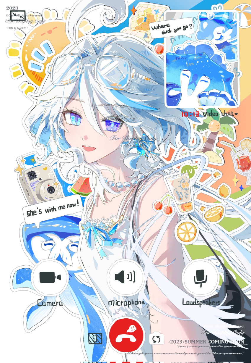 Safebooru - 1girl ahoge alternate costume blue eyes blue hair eyewear on head furina (genshin ...