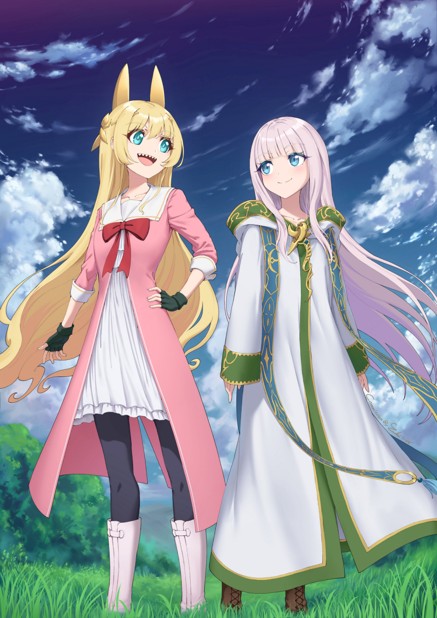 Safebooru - 2girls blonde hair blue eyes blue sky boots bow bowtie ...