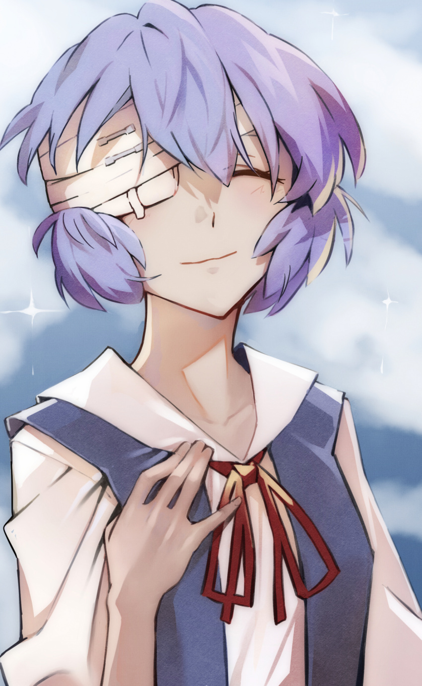 Safebooru - 1girl ayanami rei bandage over one eye blue hair closed eyes clouds cloudy sky ...