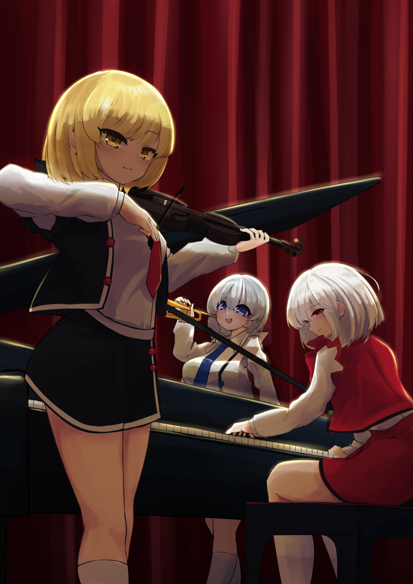 Safebooru - 3girls absurdres black jacket black skirt blonde hair blue eyes highres instrument ...