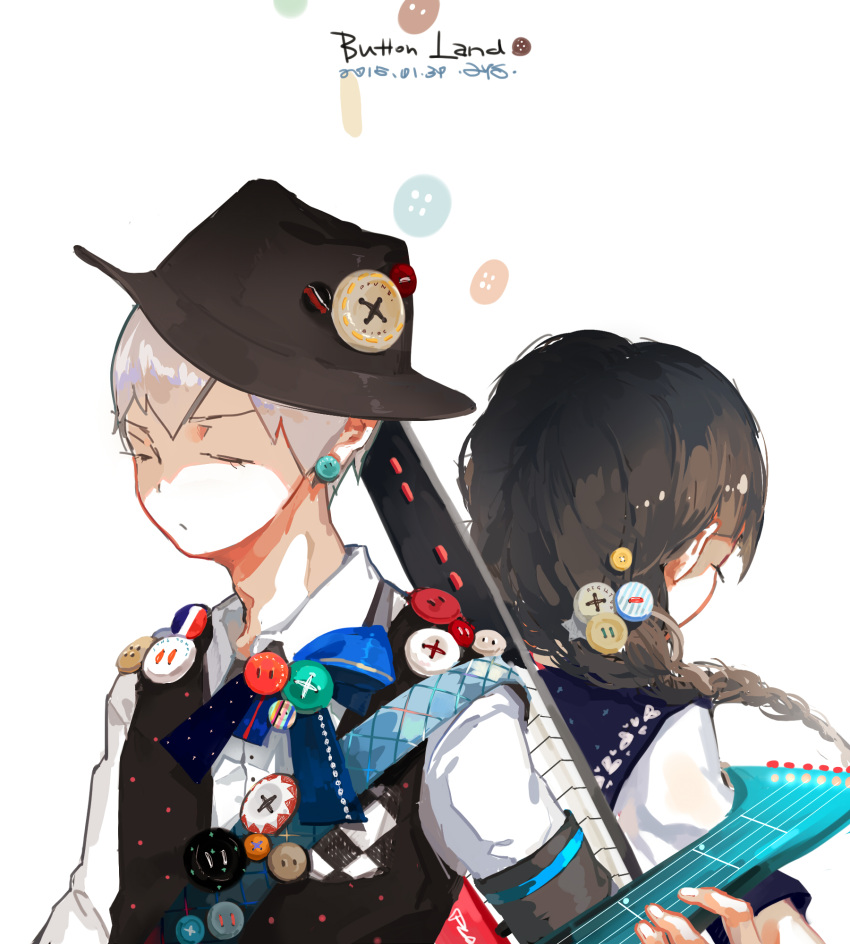 Safebooru - 1boy 1girl armband back-to-back black armband black hair black hat black vest blue ...