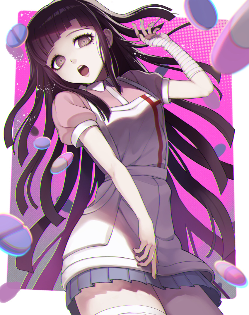 Safebooru - 1girl :o absurdres apron bandaged arm bandaged leg bandages black hair collared ...