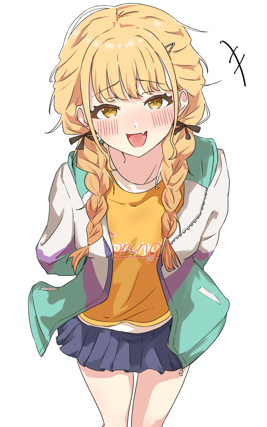 Safebooru - 1girl absurdres arms behind back bare legs black ribbon blonde hair blue skirt blush ...