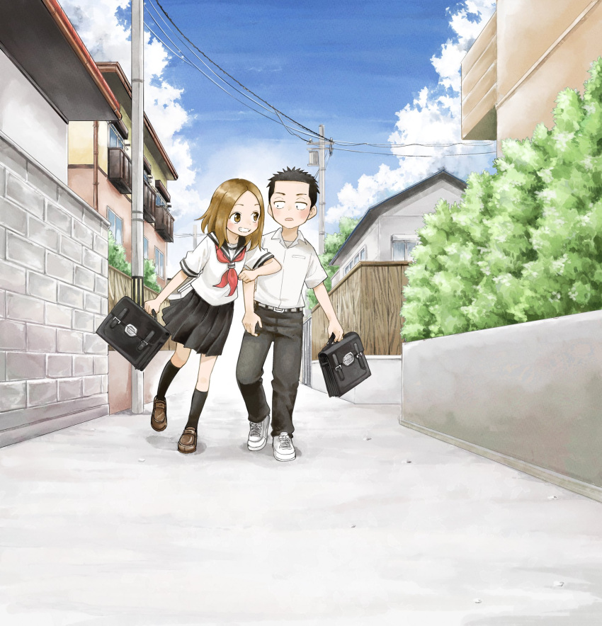 Safebooru - 1boy 1girl bag black bag black hair black pants black skirt black socks blue sky ...