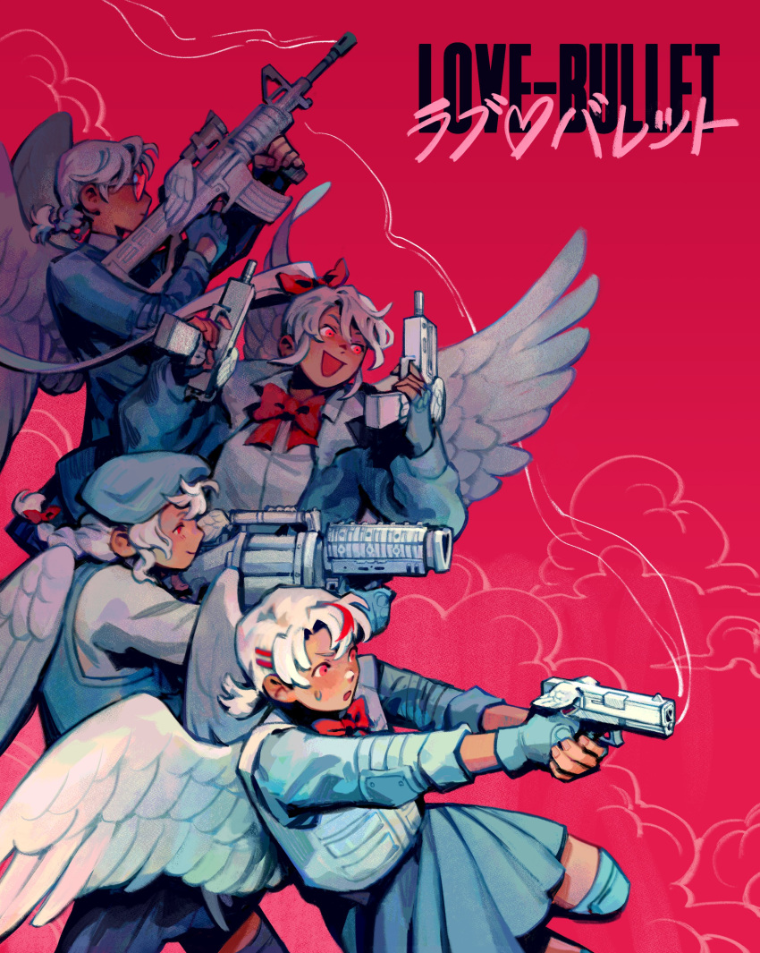 Safebooru - 4girls absurdres aiming angel wings atissiart beret blue jacket blue shirt bow braid ...