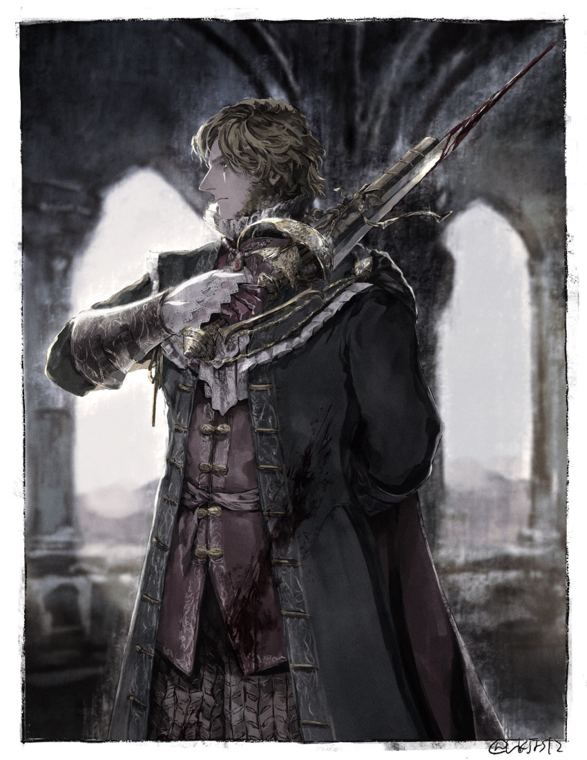 Safebooru - 1boy alfred (bloodborne) arm behind back arm up black coat ...