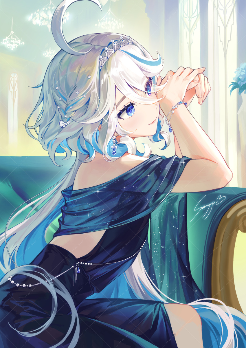 Safebooru - 1girl absurdres ahoge alternate costume blue dress blue eyes blue hair bracelet ...