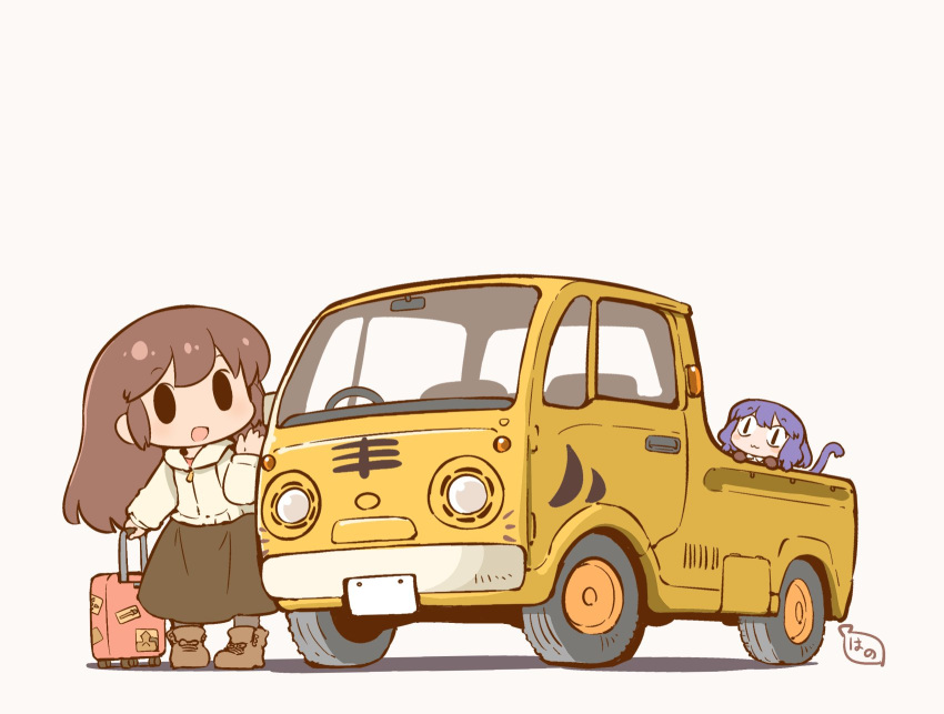 Safebooru - 2girls :d black eyes black skirt blush boots brown footwear ...