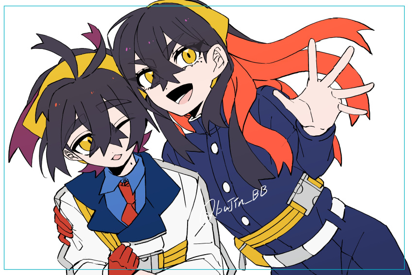 Safebooru - 1boy 1girl absurdres bag black hair blue jacket blue shirt brother and sister bujin ...