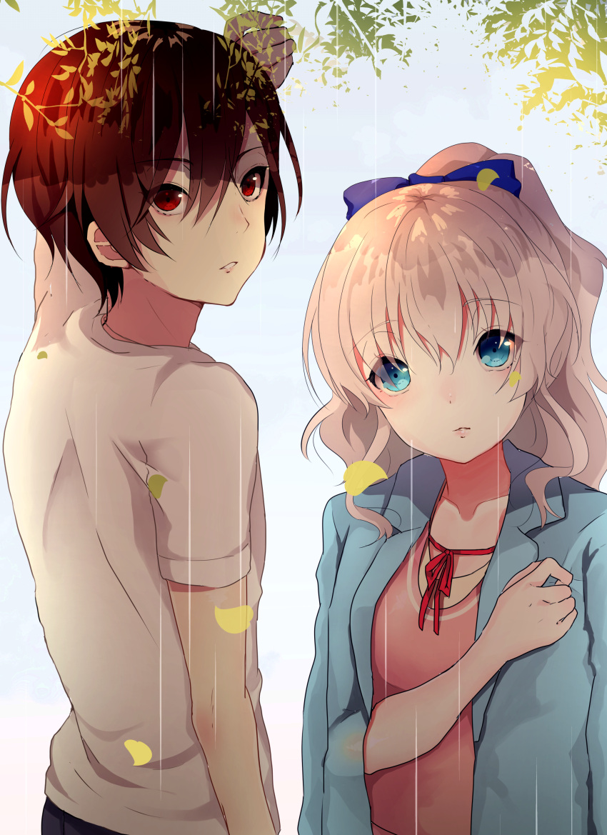 Safebooru - 1boy 1girl absurdres arm at side arm up blue bow blue eyes blue jacket bow brown ...