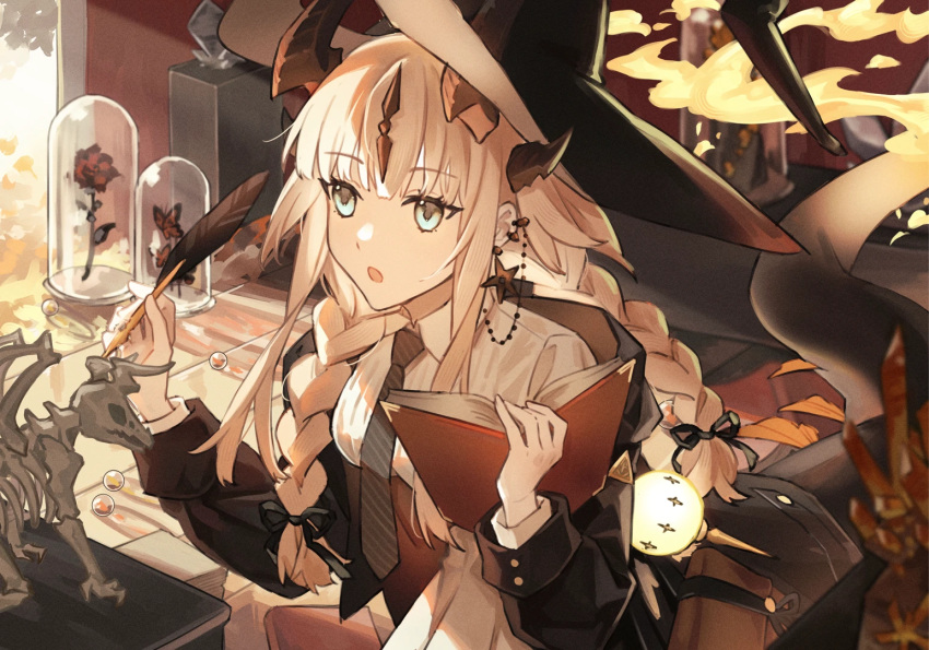 Safebooru - 1girl :o animal skeleton aqua eyes arknights ayami chan 0122 black coat black horns ...