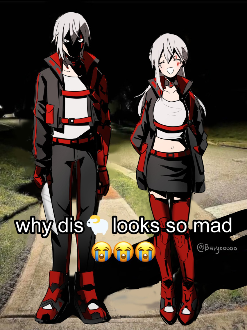 Safebooru - 1boy 1girl :d black choker black jacket black pants black ...