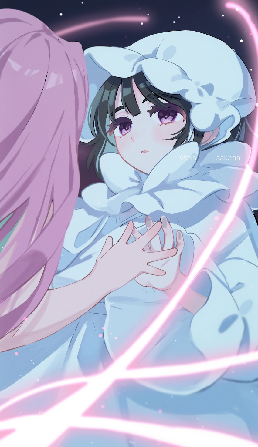 Safebooru - 2girls absurdres aged down alien stage black hair bonnet commentary dress frilled ...