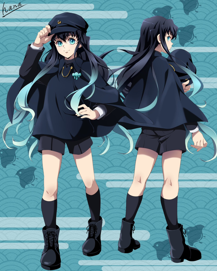 Safebooru - 2boys alternate costume aqua background aqua eyes aqua hair black cape black ...