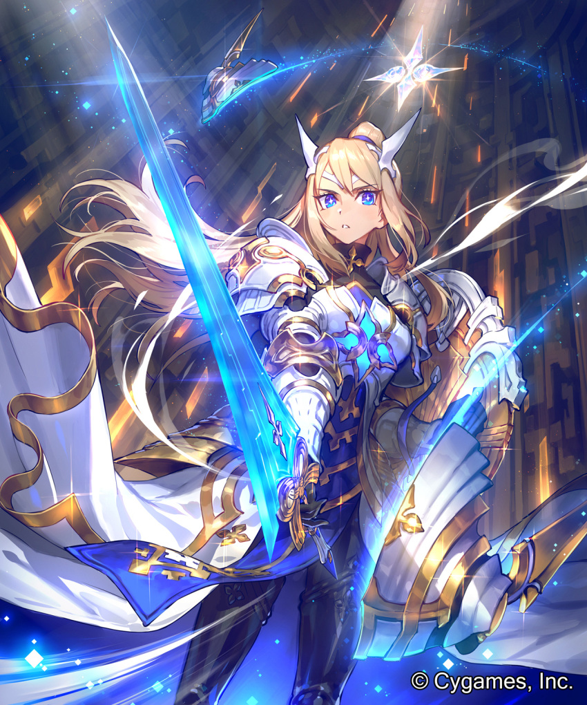 Safebooru - 1girl armor armored dress black footwear blonde hair blue eyes breasts commentary ...